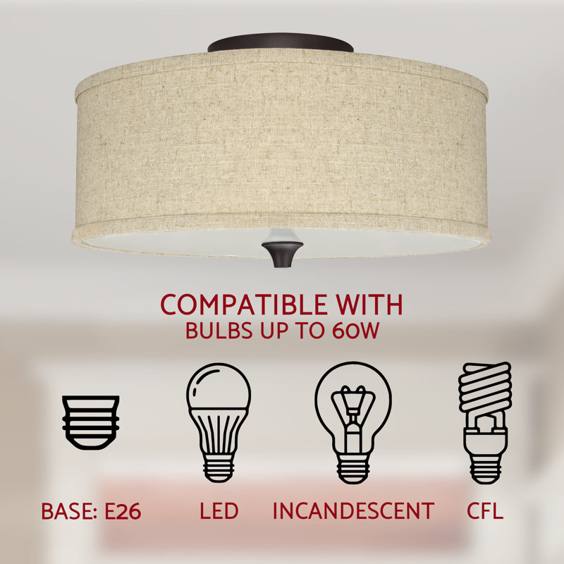 Latitude Run® Jaytin 14 Modern 2-Light Semi-Flush Mount Ceiling Light + Beige Linen Drum Shade ...